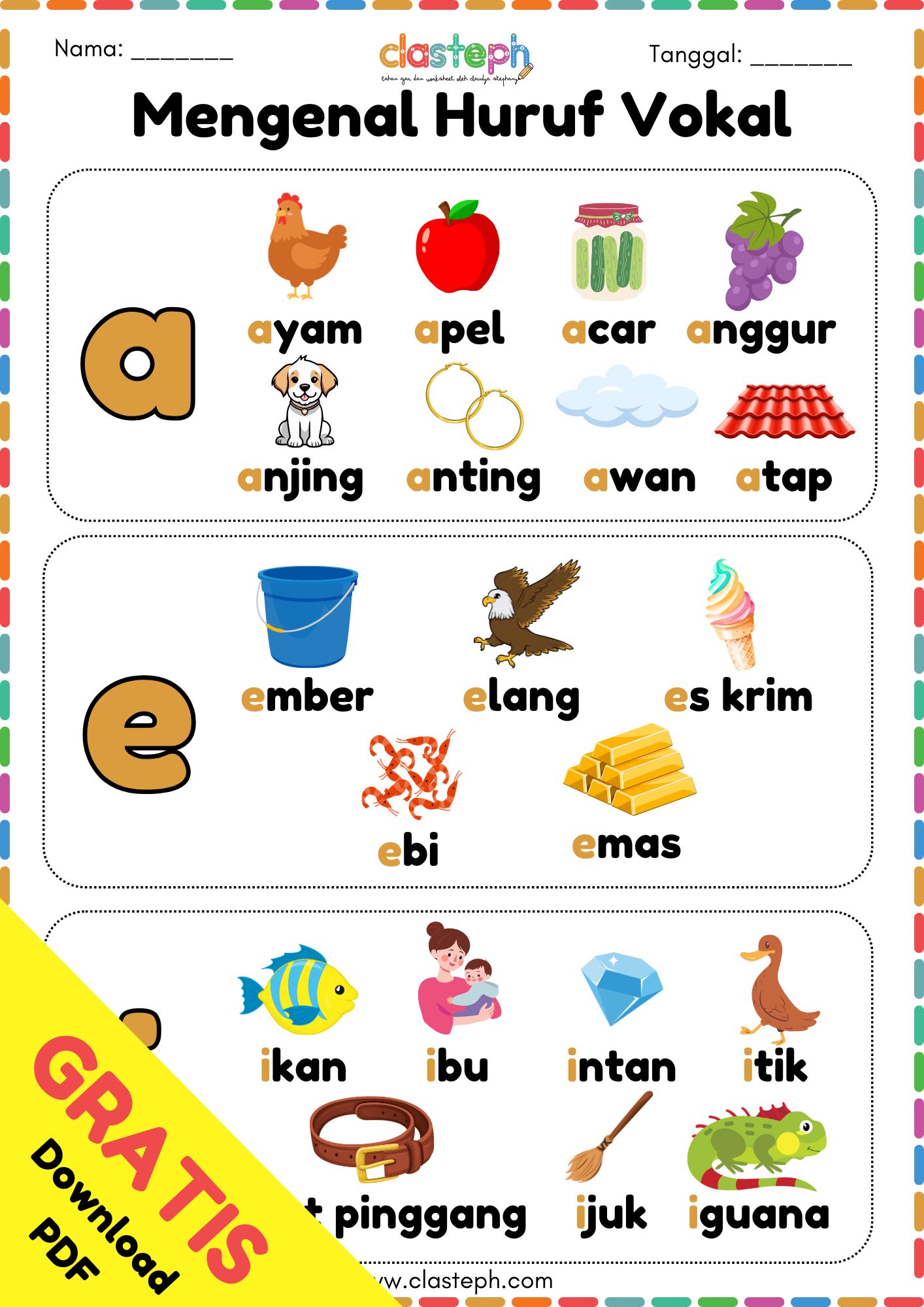 Worksheet Membaca Huruf Vokal – Clasteph