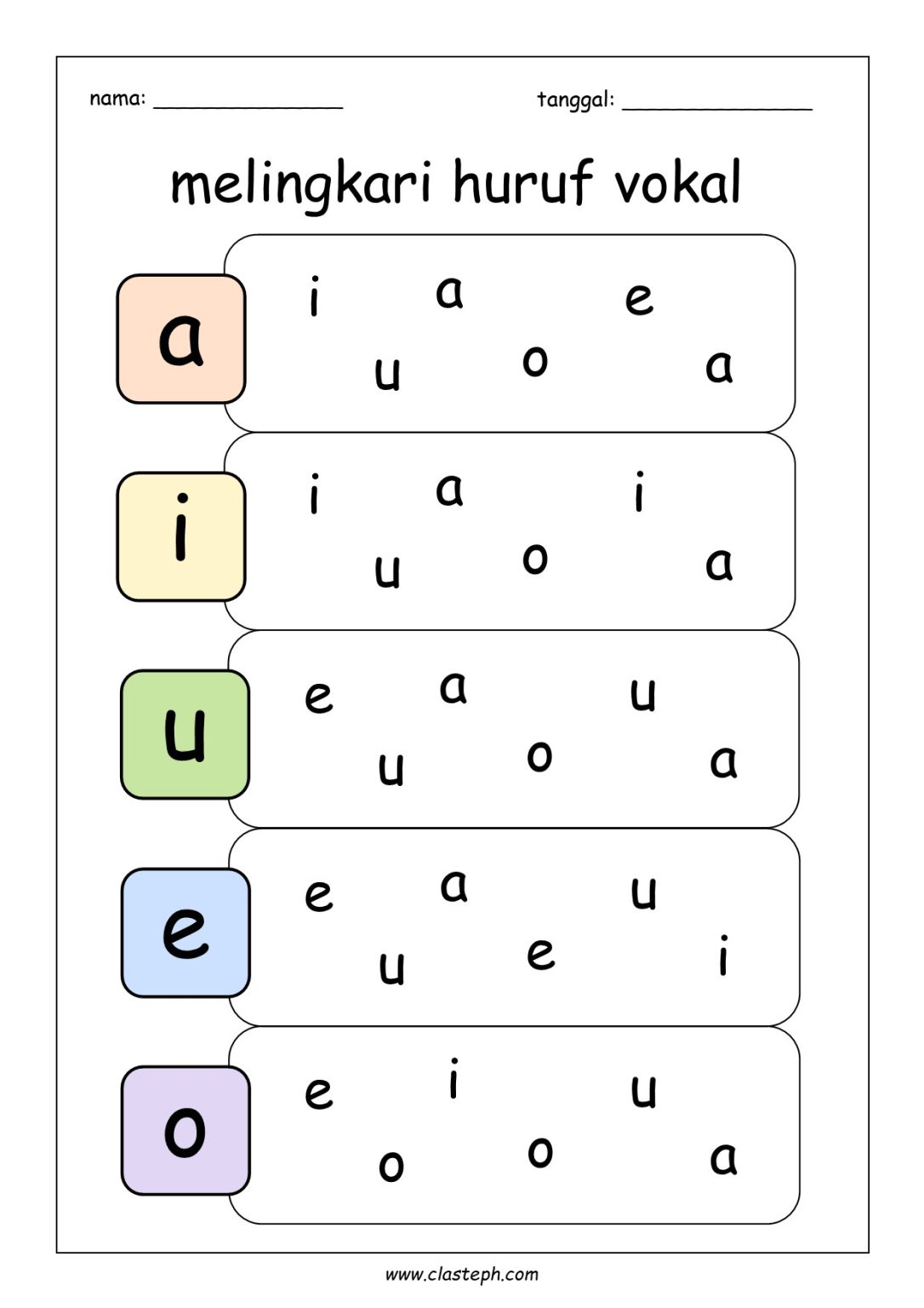 Worksheet Gratis Melingkari Huruf Vokal dan Konsonan untuk Si Kecil – Clasteph
