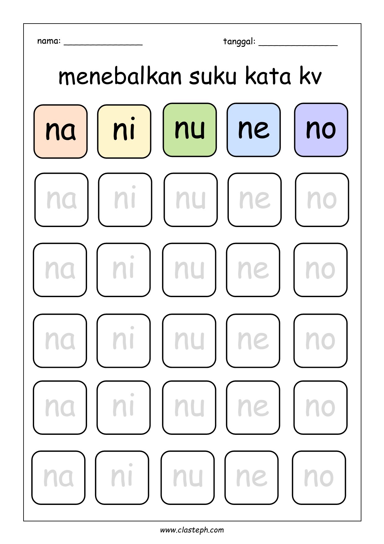 Worksheet Gratis Menebalkan Suku Kata KV – Clasteph
