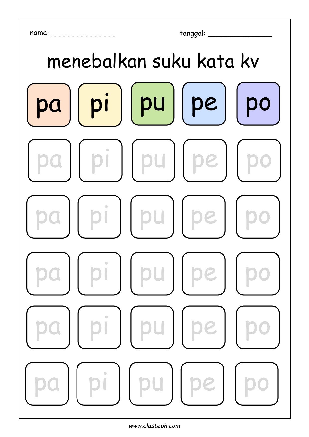 Worksheet Gratis Menebalkan Suku Kata KV – Clasteph